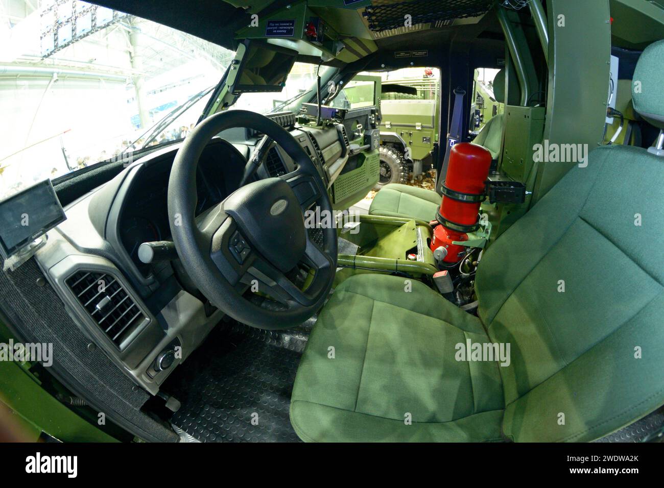 Interior of a military armored car Novator, made in Ukraine, steering ...