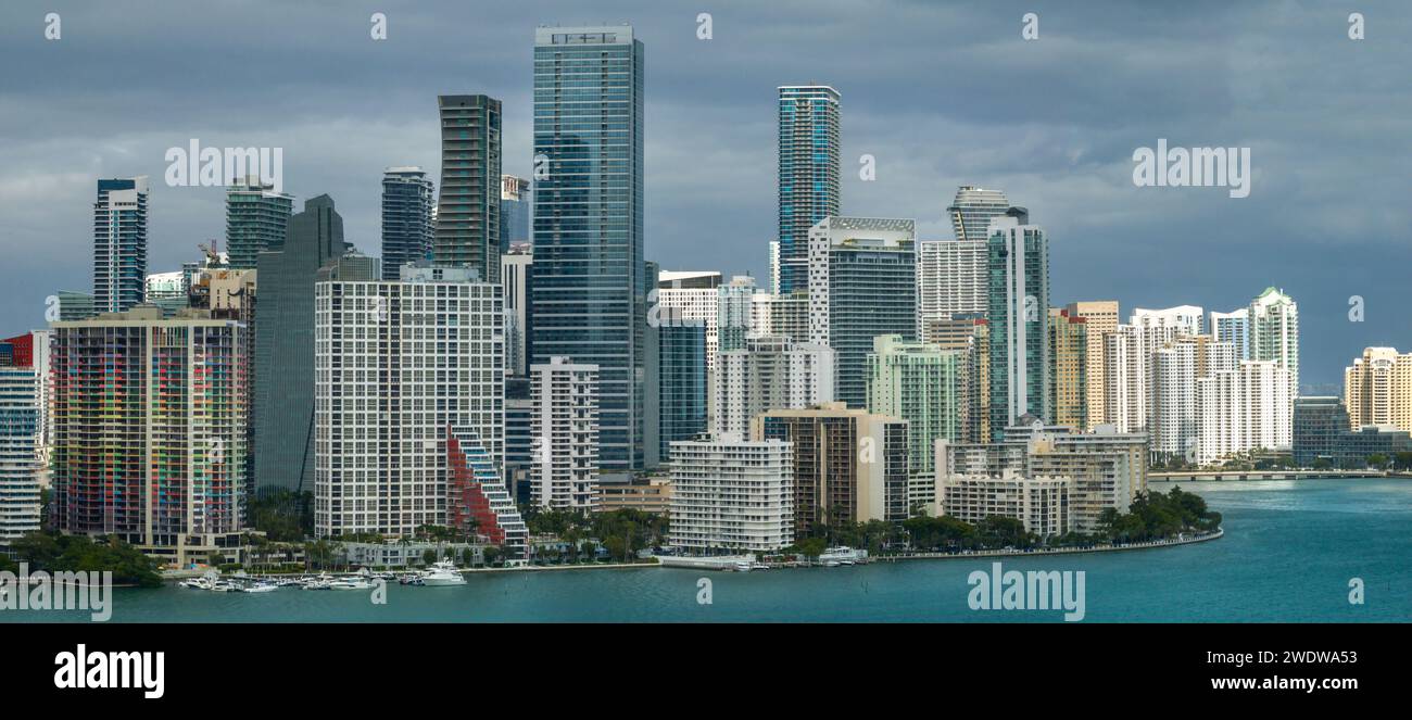 CLoseup aerial view of Miami downtown skyscrapers with colorful ...