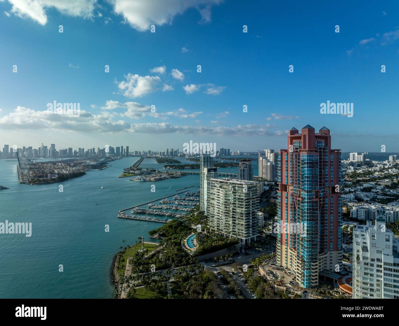 Aerial view of South Pointe Park in Miami with luxury condo towers ...