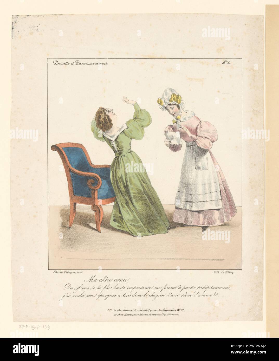 Woman faints after goodbye to man by letter, Charles Philipon, 1828 ...