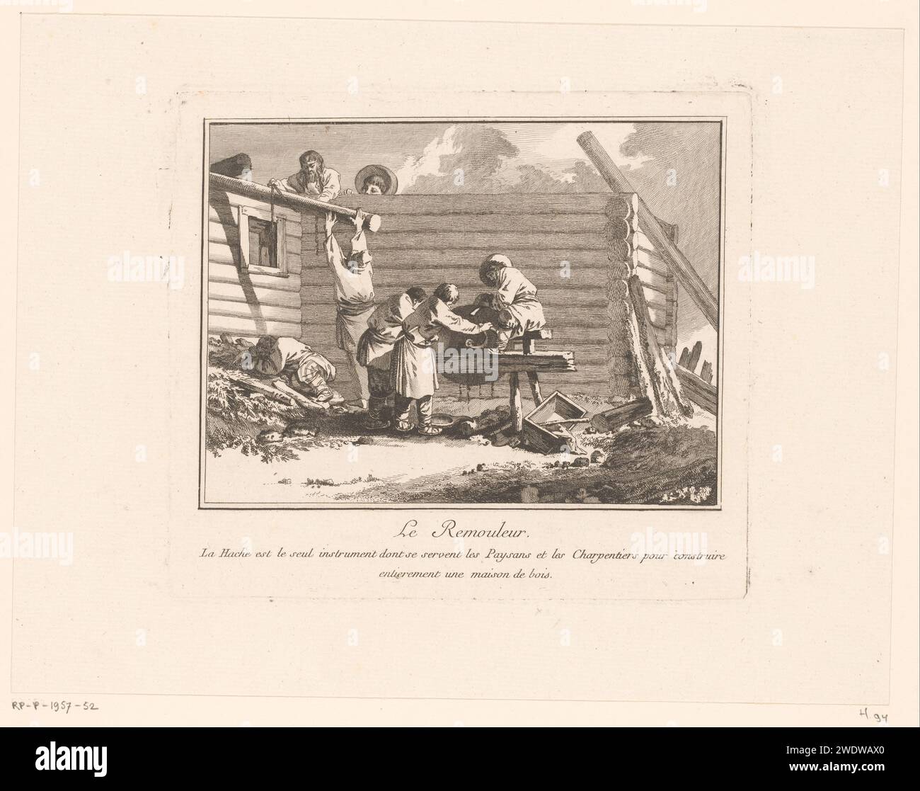 Figures at a scissors sleep for a wooden house under construction, Jean ...