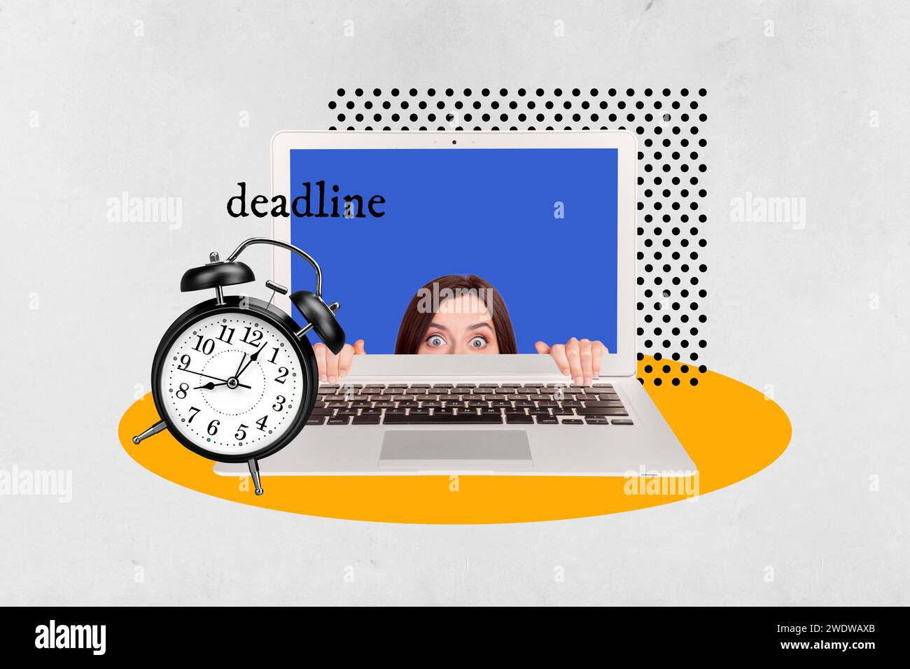 Photo collage image picture young scared woman hiding laptop screen ...