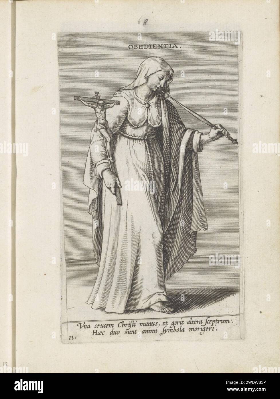 Obedience, Philips Galle, c. 1585 - c. 1590 print A woman humbly bends ...