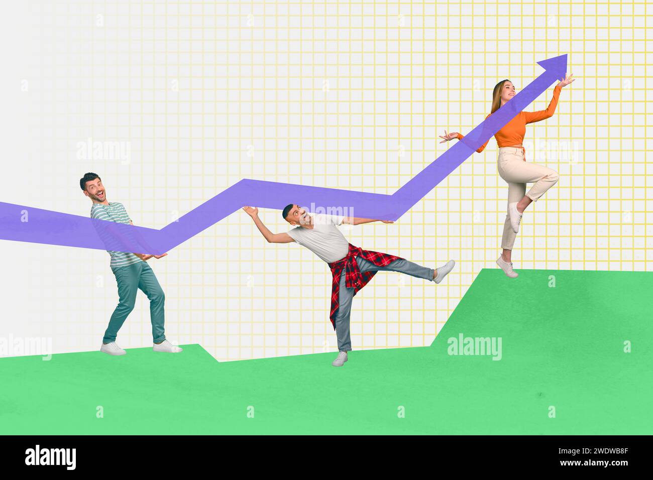 Creative collage photo young three colleagues friends carrying progress ...