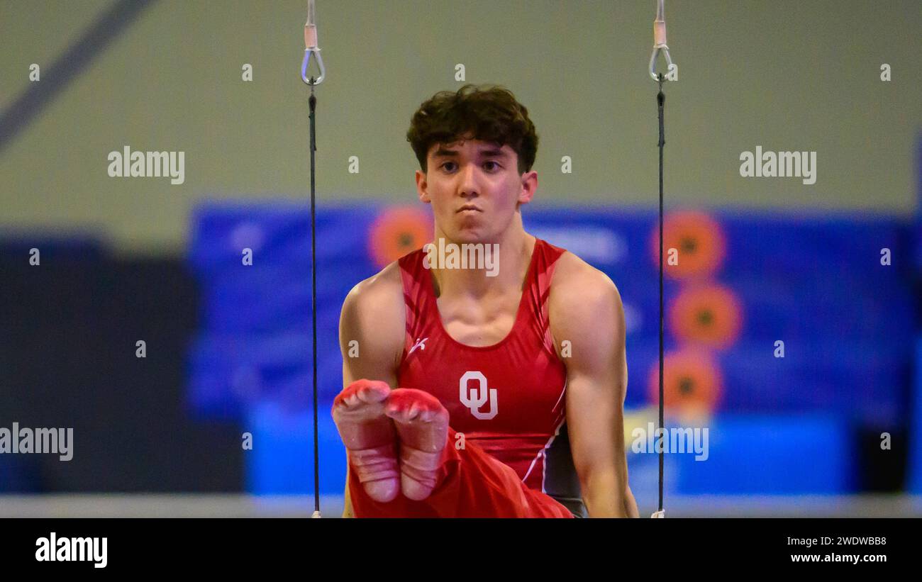 Oklahoma gymnast Fuzzy Benas competes on the still rings during an NCAA ...