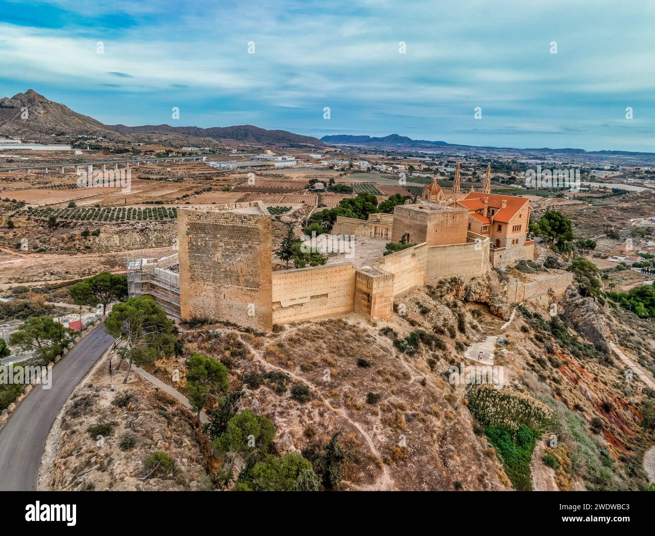 Aerial view of Mola castle built by the Arabs, pentagonal shape with ...