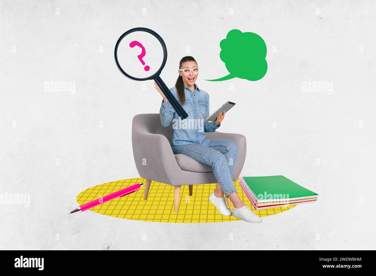 Collage young interested excited girl huge magnifying loop education ...