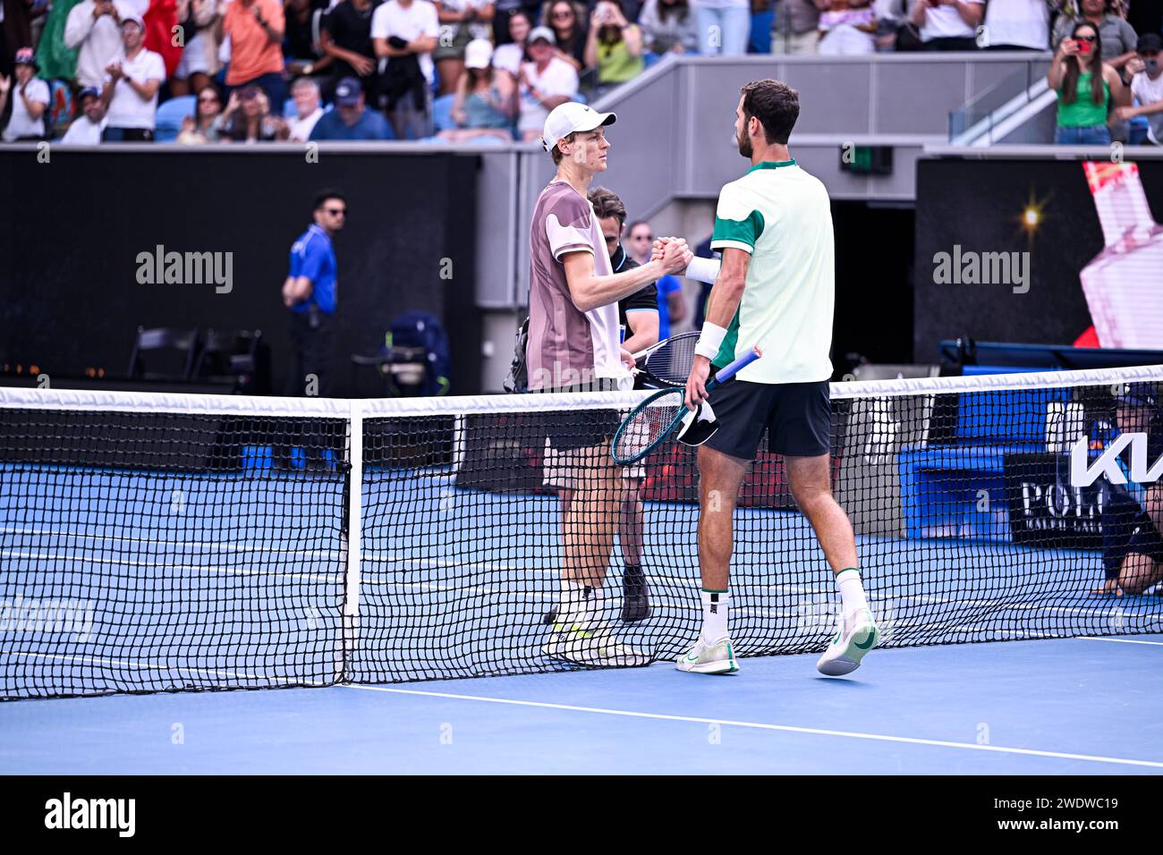 Melbourne, Australie. 21st Jan, 2024. Karen Khachanov and Jannik Sinner during the Australian ...