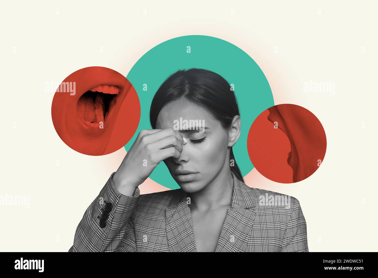 3d retro abstract artwork template collage of stressed female angry ...