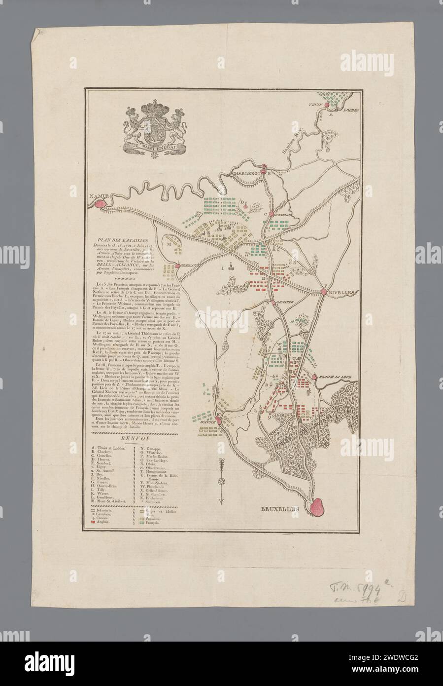 Map with the battles at Quatre-Bras and Waterloo, 15-18 June, 1815 ...