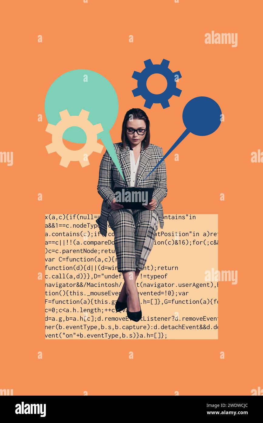 Collage Image Retro Sketch Of Worker Girl Manager Programmer Data Science Coding App Data