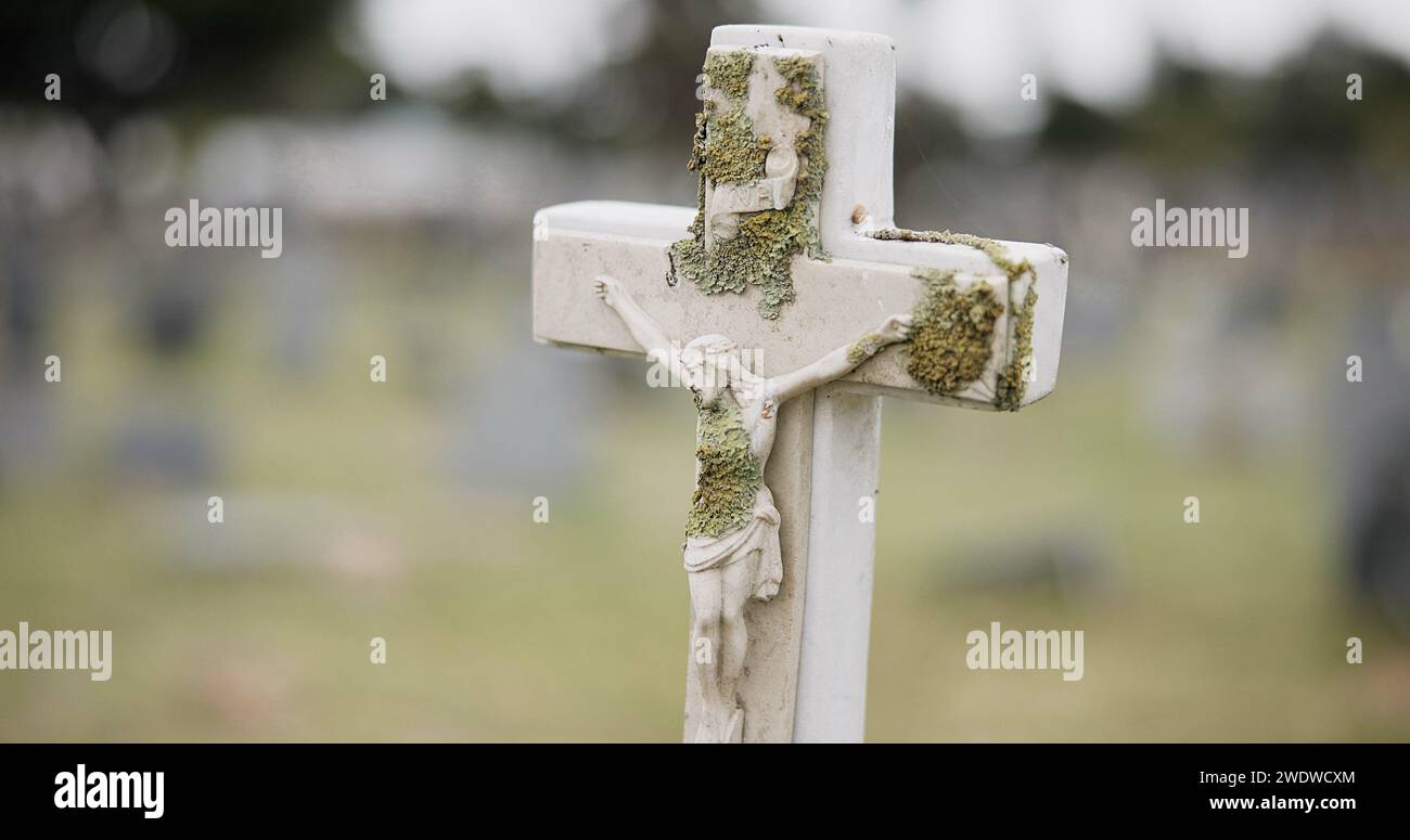 Funeral, tombstone or jesus on cross in graveyard for death ceremony ...
