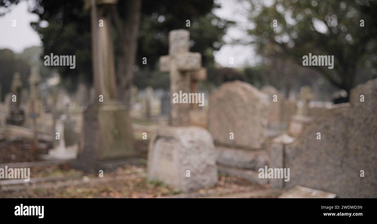 Funeral, empty graveyard and tombstones for death ceremony, religion or ...