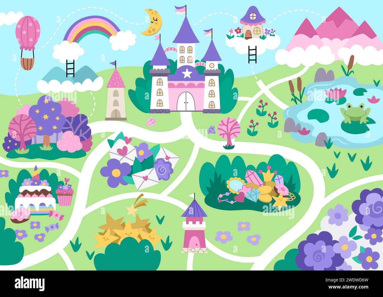 Unicorn village map. Fairytale background. Vector magic country scenes ...