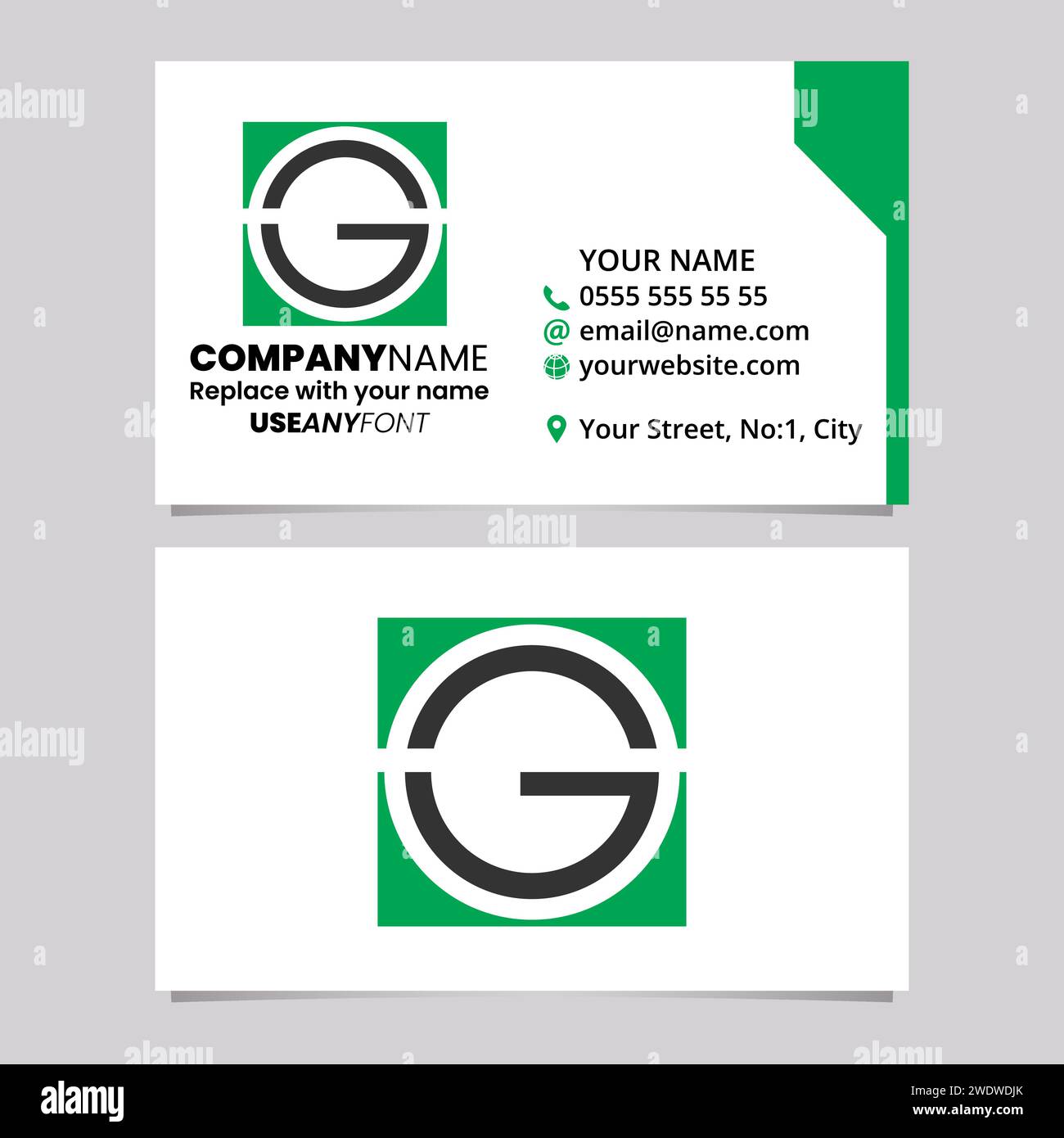 Green and Black Business Card Template with Square Letter G Logo Icon ...