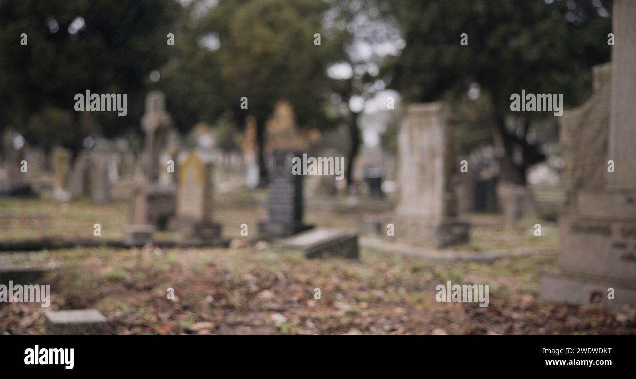 Graveyard, burial and tombstone in cemetery for death ceremony, funeral ritual and memorial ...