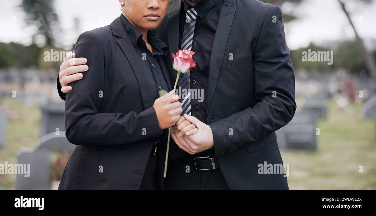 Rose, death or couple in cemetery for funeral. spiritual service or ...