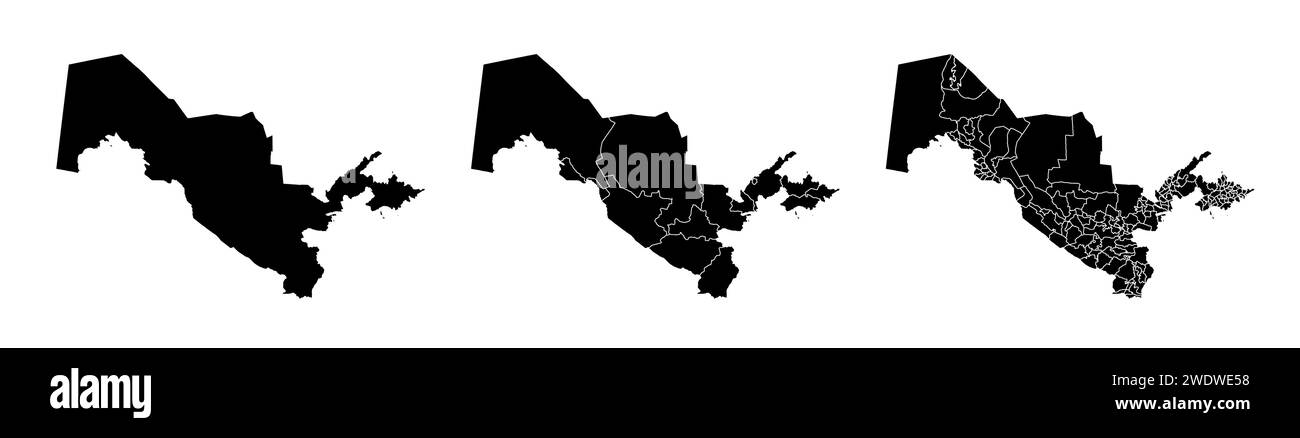 Set of state maps of Uzbekistan with regions and municipalities division. Department borders ...