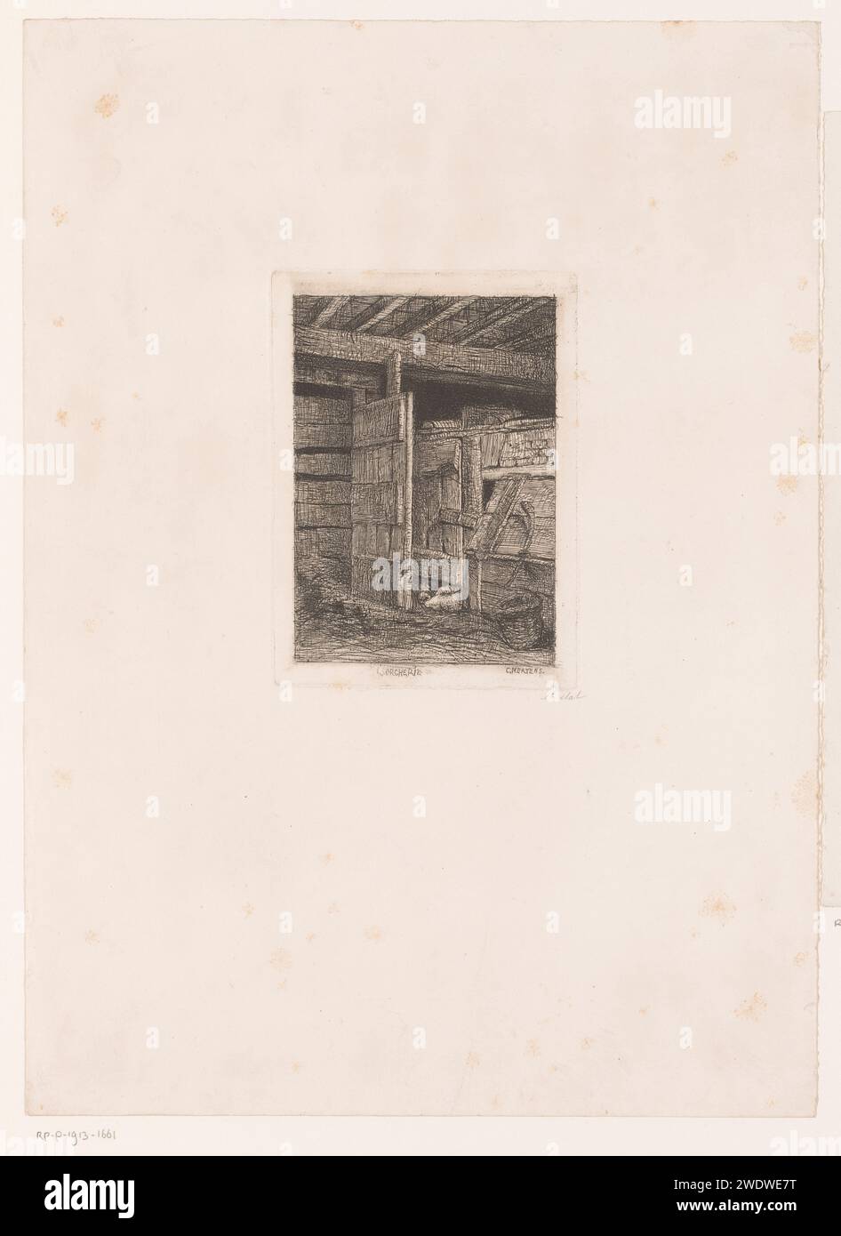 Pig stable, Charles Mertens, 1882 print paper etching stall, stable ...
