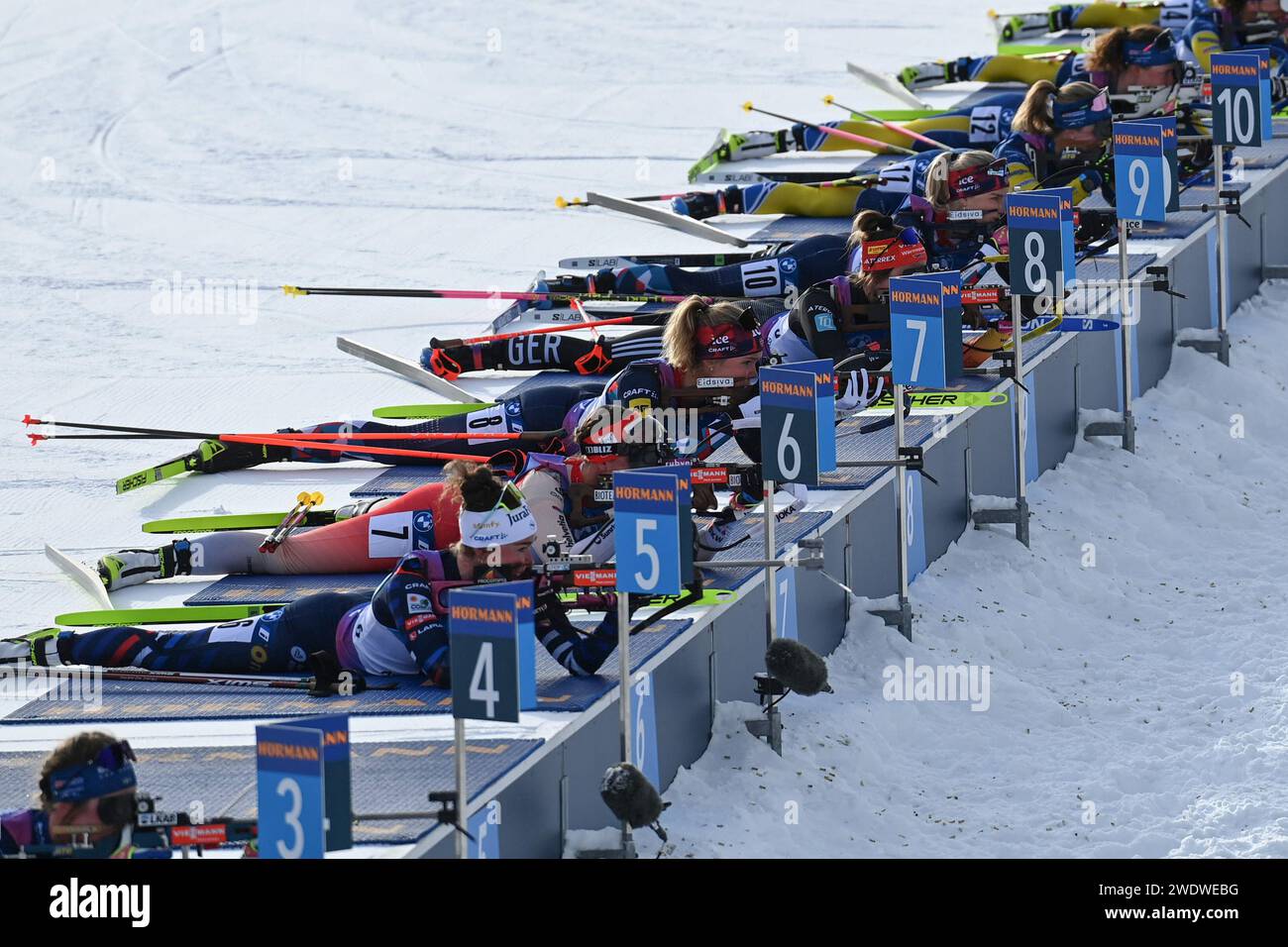Athletes at shooting range during the race during IBU Biathlon World ...