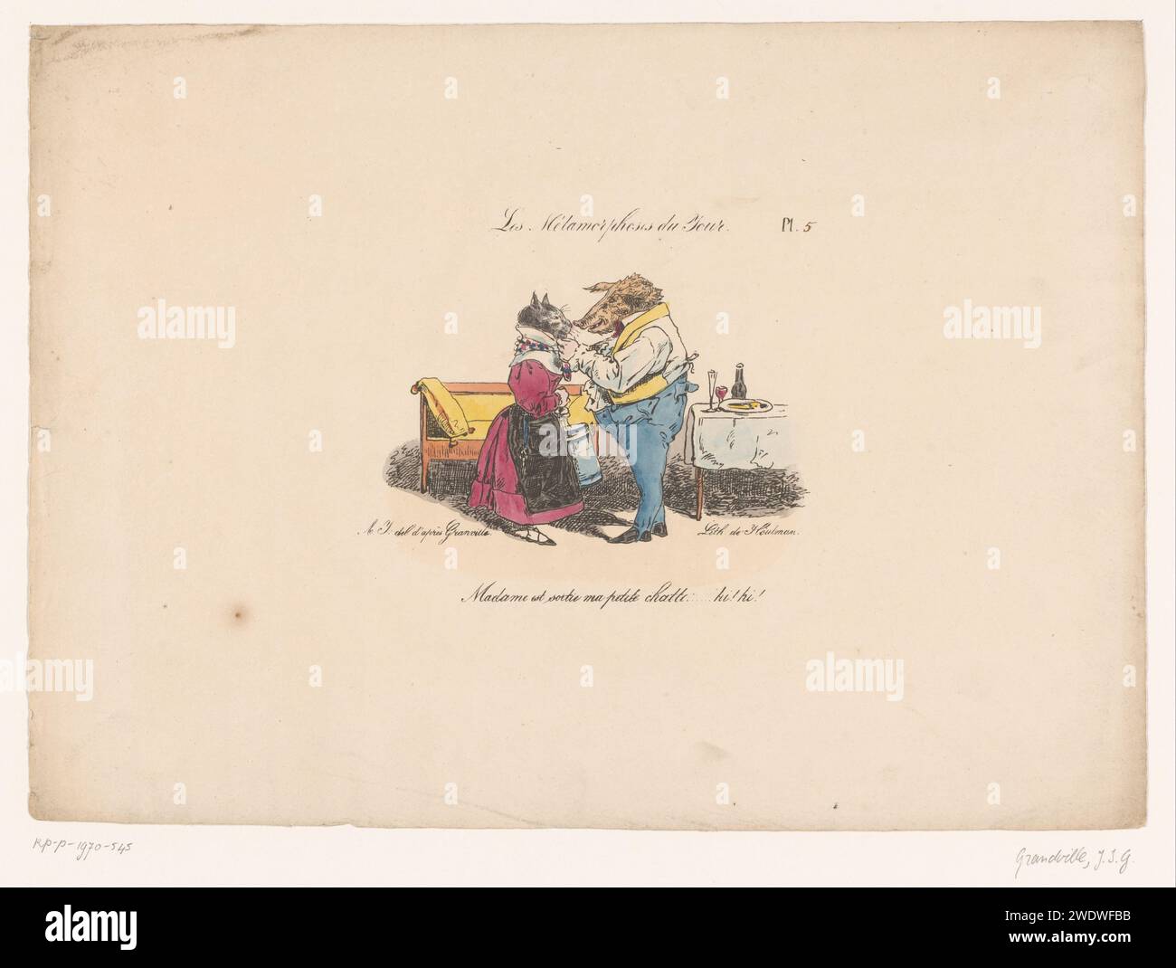 Pig tries to seduce a cat, monogramemist AJ (19th century), Jean Ignace ...