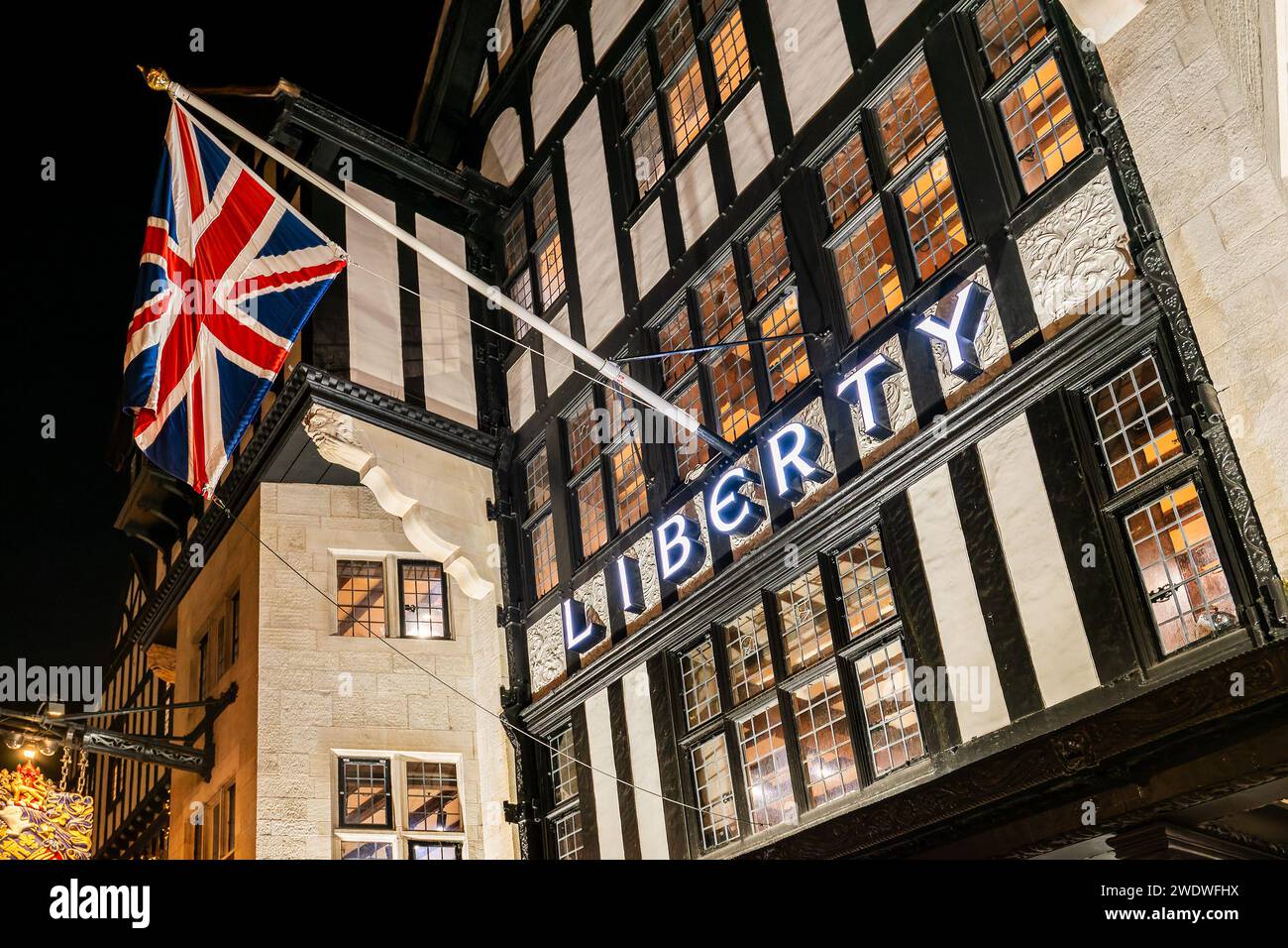 British flag and Liberty sign at the entrance of the building famous ...