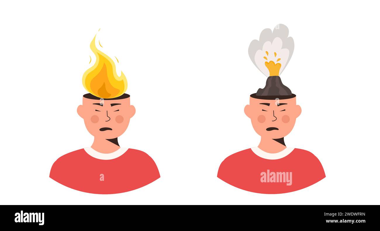 Set of male character head in fire vector flat illustration. Man or ...