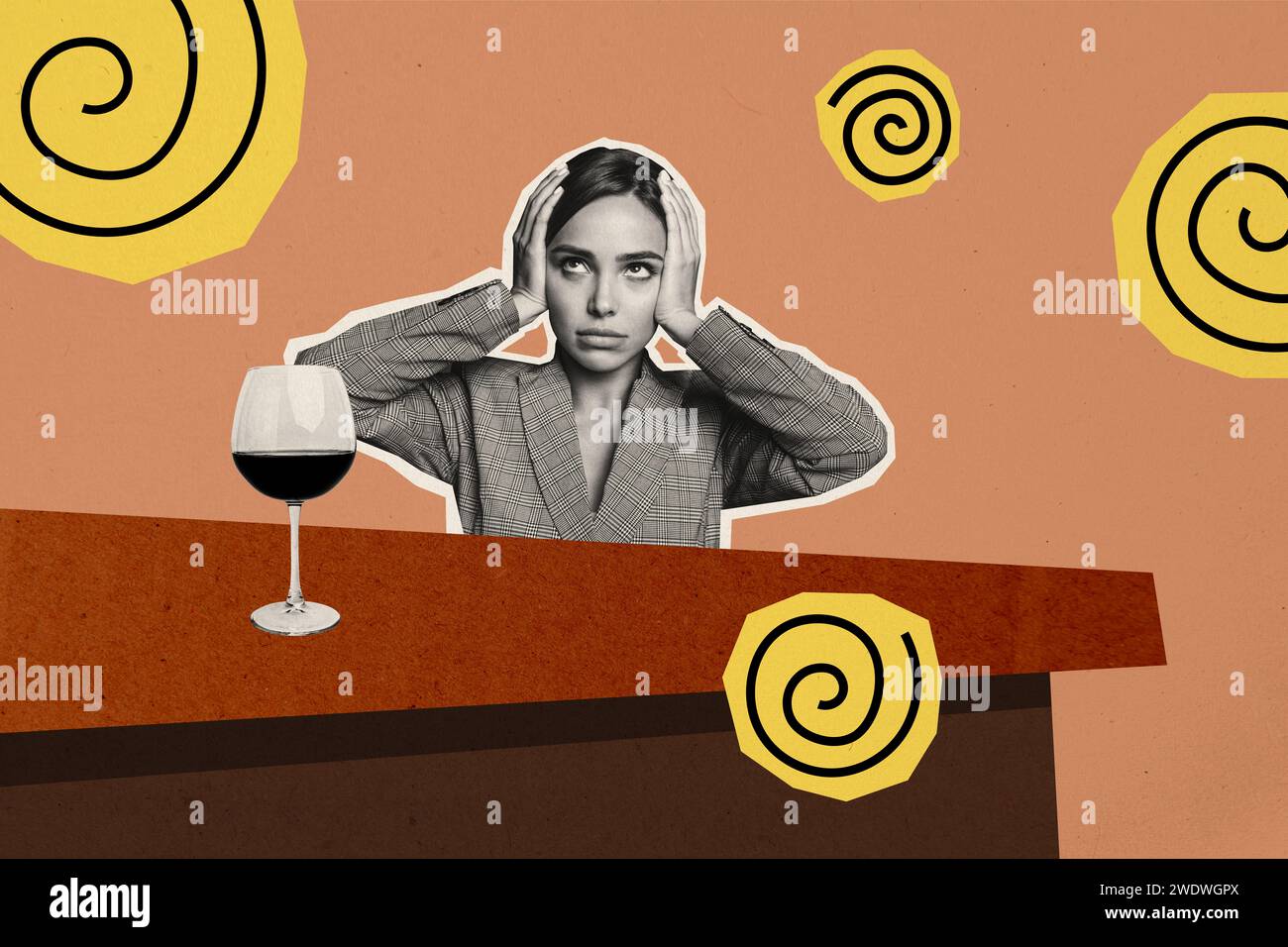 Photo collage image sitting drunk young girl loose mind control spiral ...