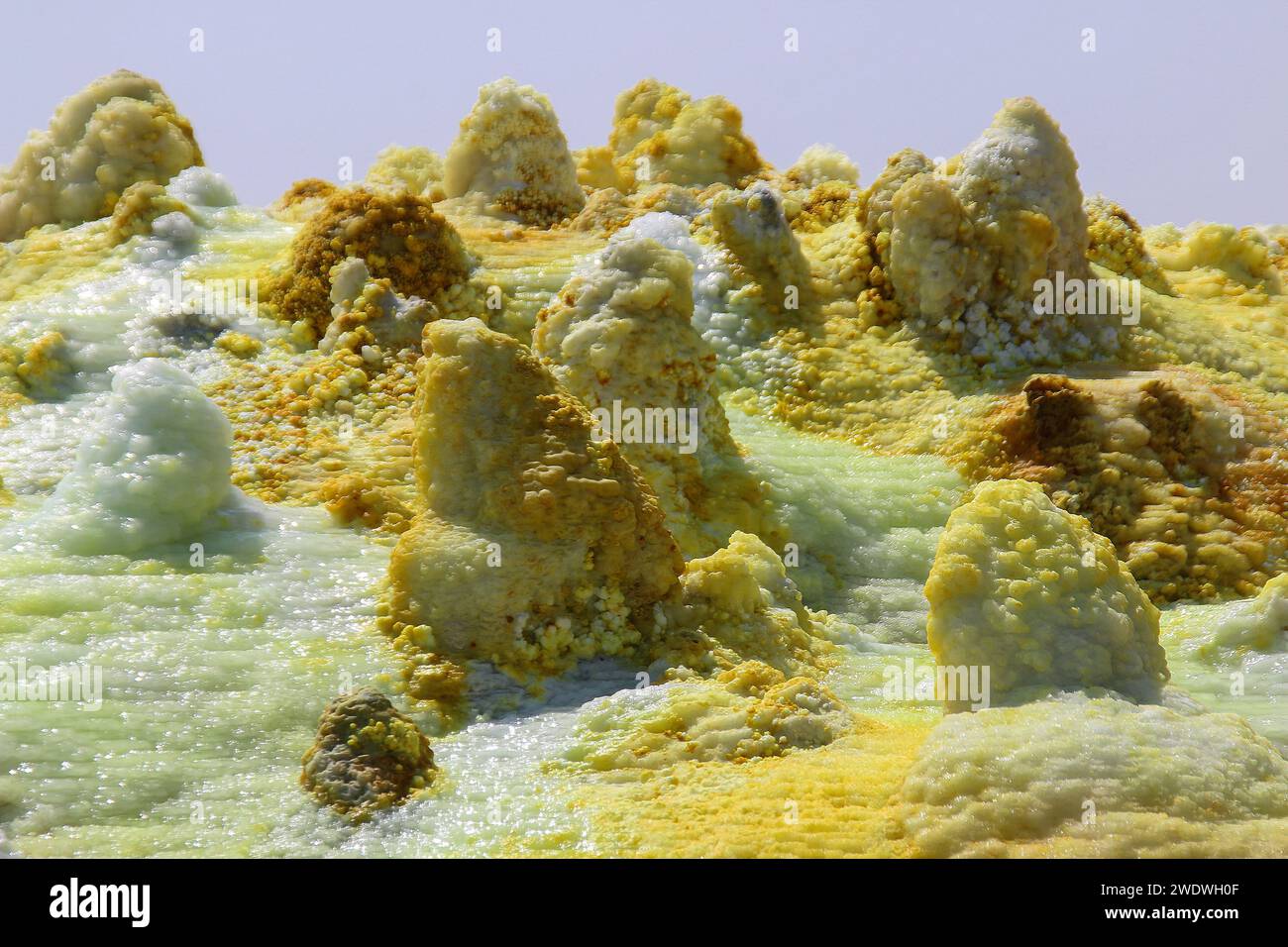 The colorful landscape of green acid ponds in Crater of Dallol Volcano ...
