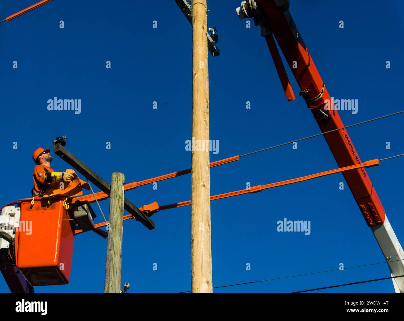 Toronto, Canada, 20 October 2017 - Power lineman working on electric ...