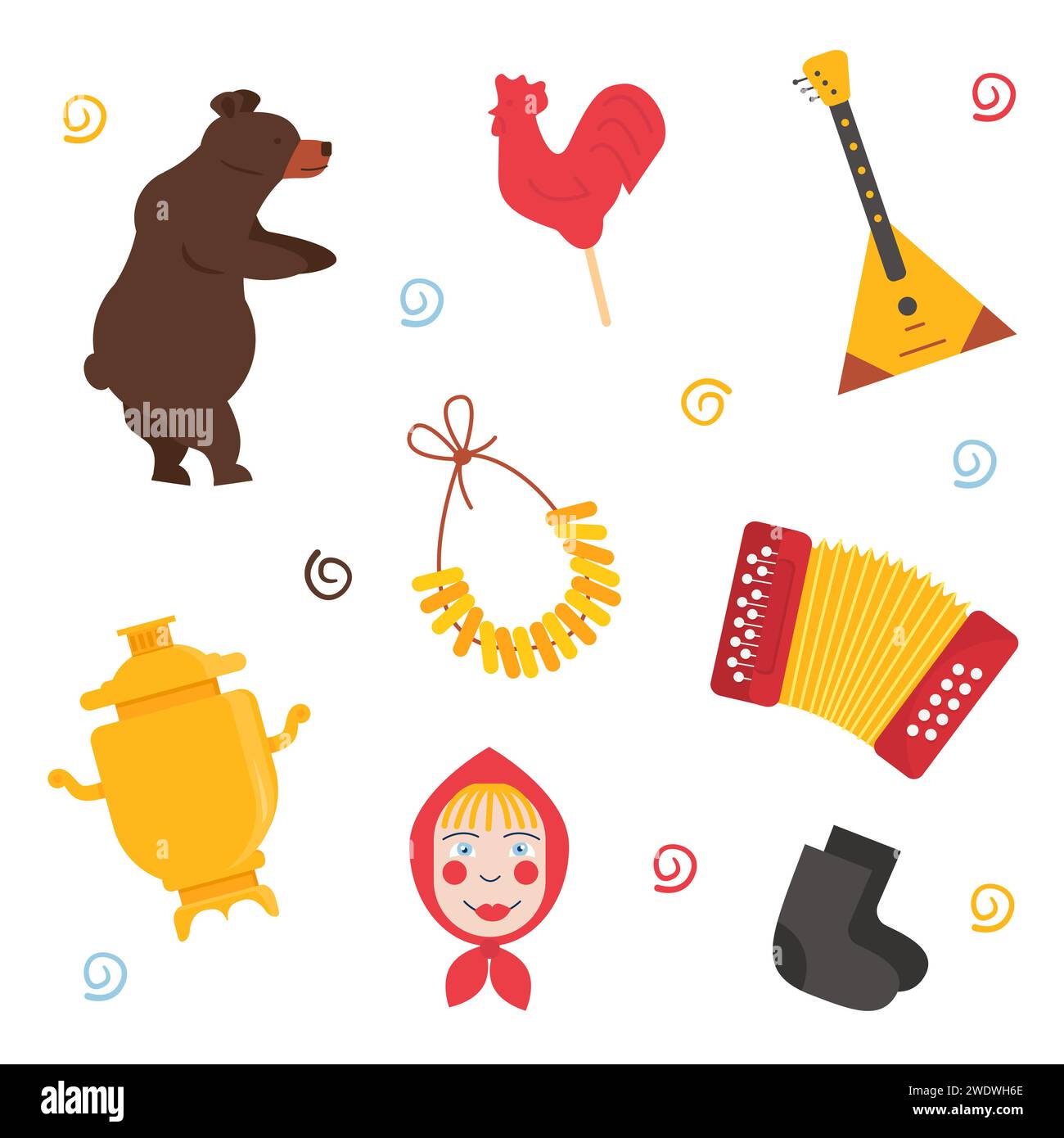 Collection of Russian national attributes isolated on white background ...