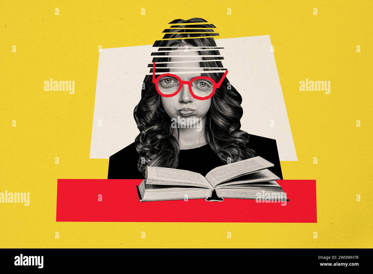 Collage picture banner young girl librarian nerd bookworm student read encyclopedia story novel ...