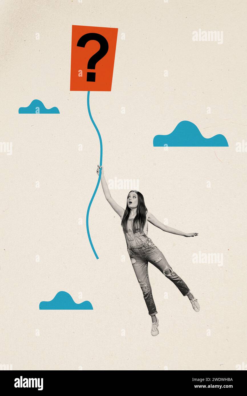 Vertical collage of impressed black white colors girl arm hold string ...