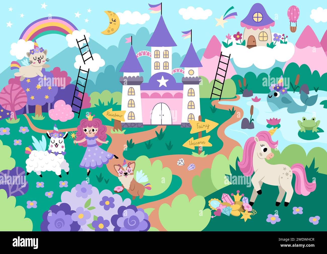 Vector unicorn themed landscape illustration. Fairytale scene with ...