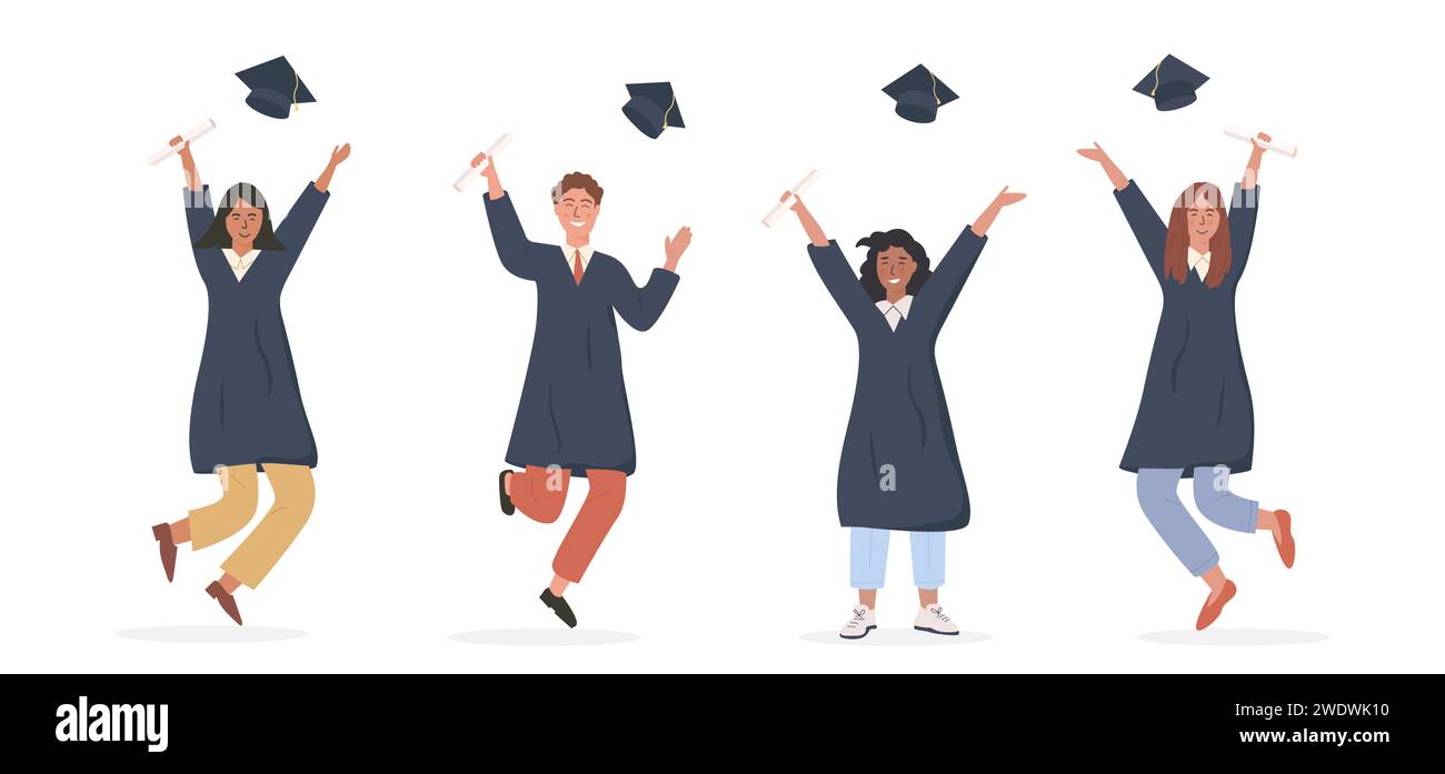 Group of happy graduated students wearing academic dress, gown or robe ...