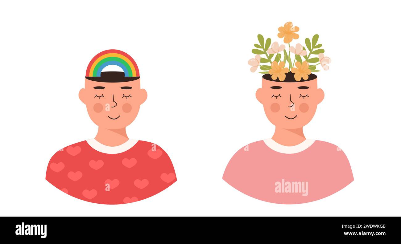 Set of people. Flowers and rainbow in head. Positive thinking, self ...