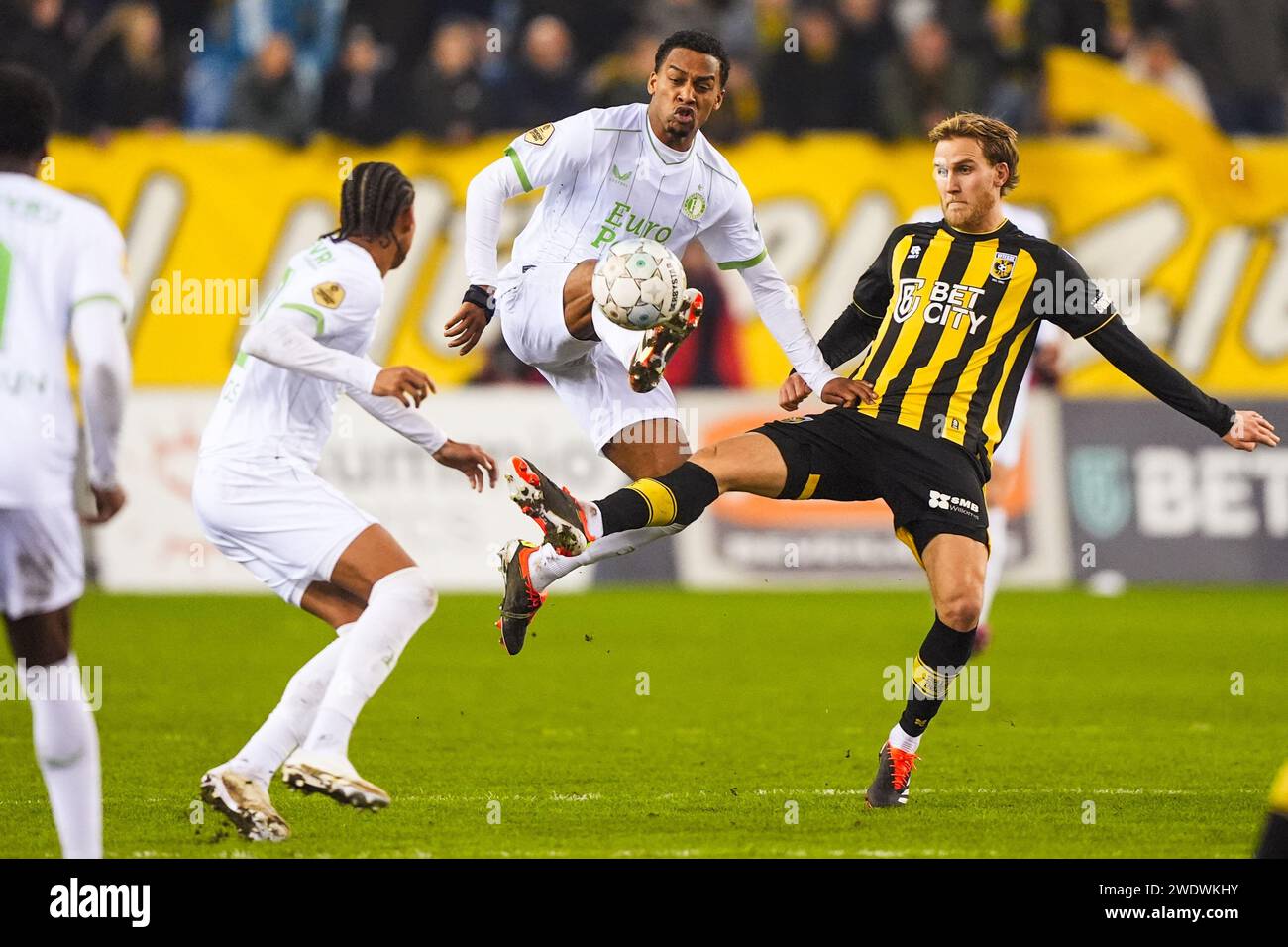 Arnhem, The Netherlands. 21st Jan, 2024. Arnhem - Quinten Timber of Feyenoord, Melle Meulensteen ...