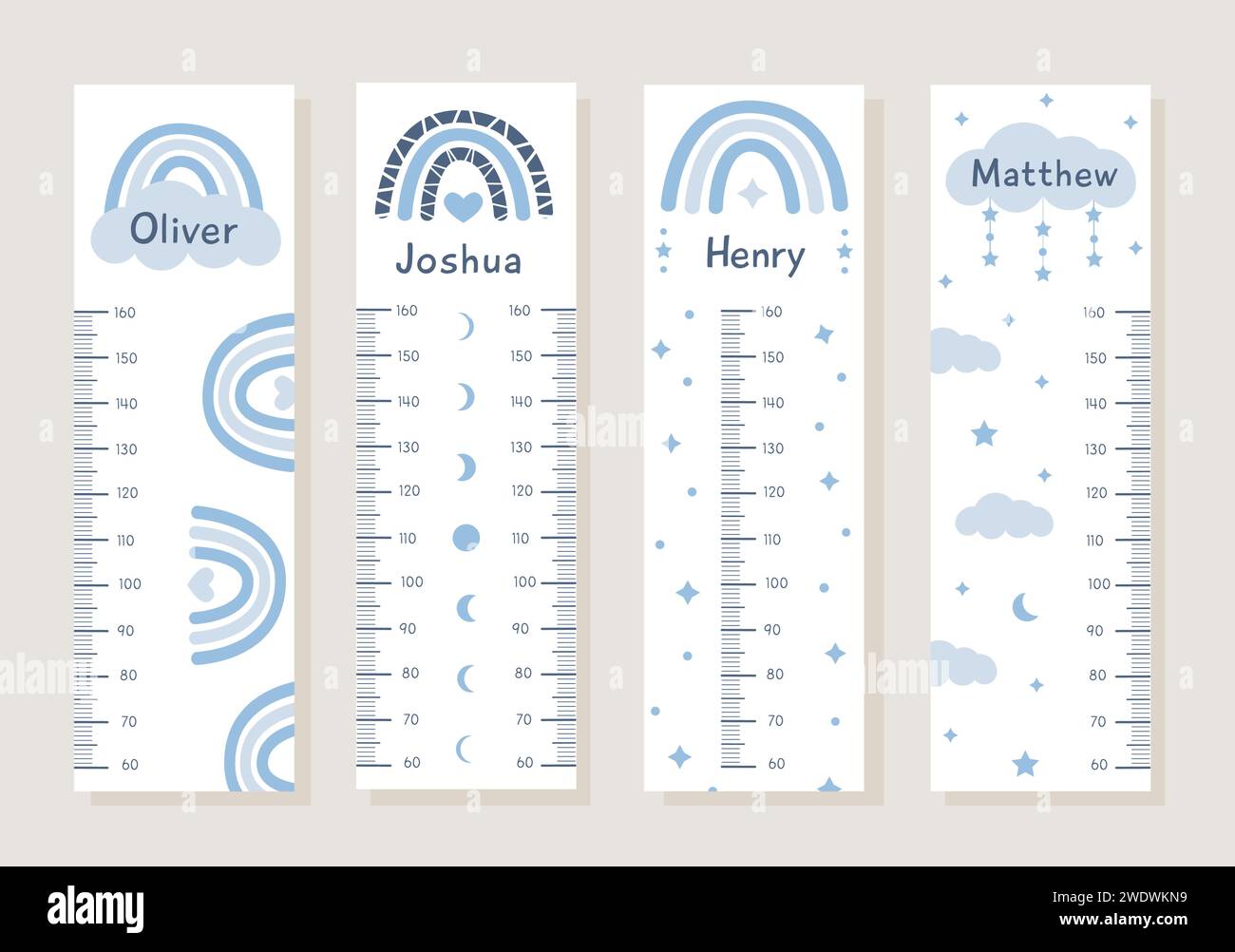Vector Set of kids height charts with abstract boho rainbows and clouds ...