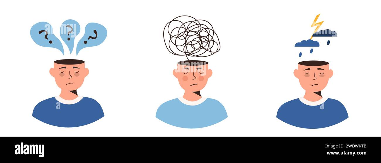 Set of depressed or frustrated people with nervous problem. Distorted ...