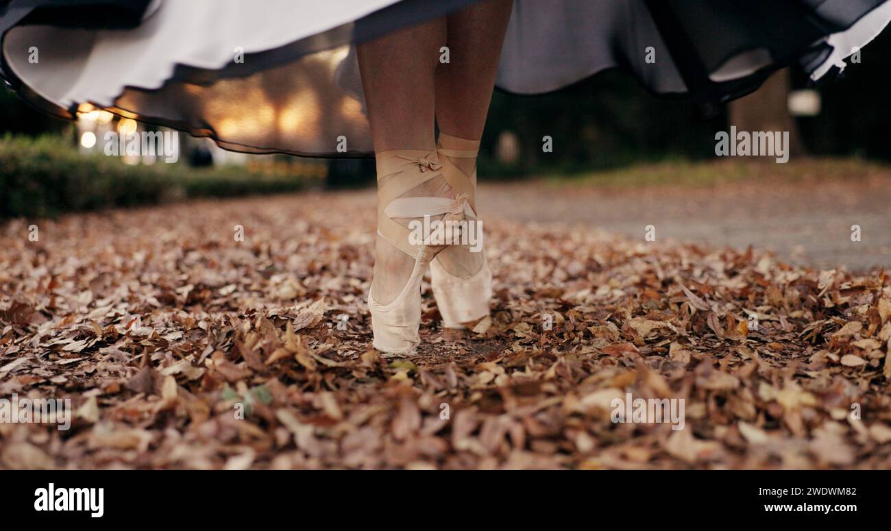 Ballet, feet and pointe or dancer outdoor in nature for professional ...