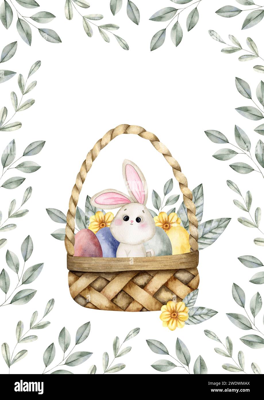 Hand-drawn watercolor illustration with easter bunny, basket and eggs ...