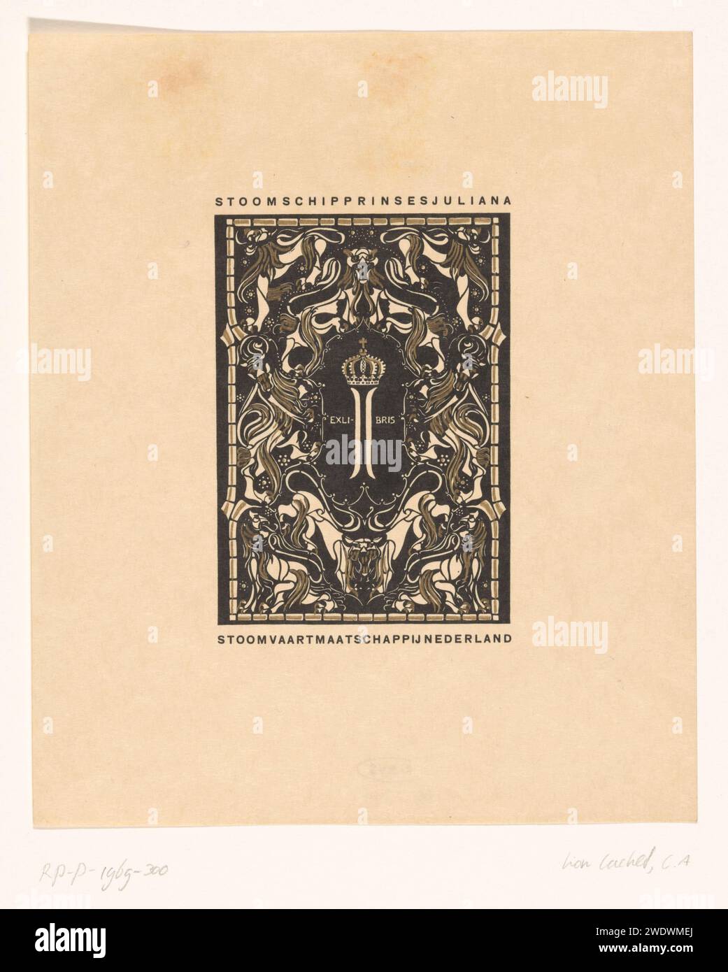 Ex Libris of the Stoomschip Princess Juliana, Carel Adolph Lion Cachet, 1910 print In the middle ...