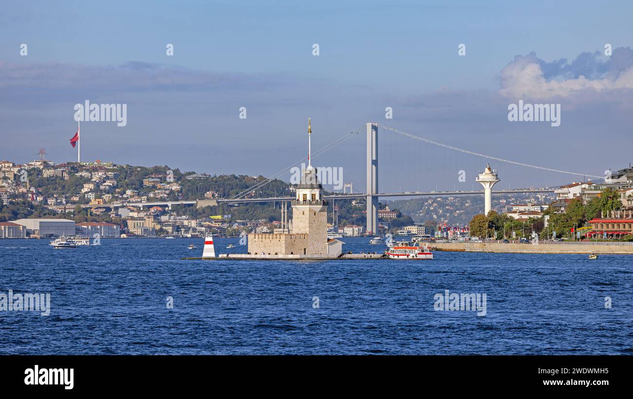 Maiden Tower and Bridge Landmarks at Bosphorus Canal Autumn Day in ...