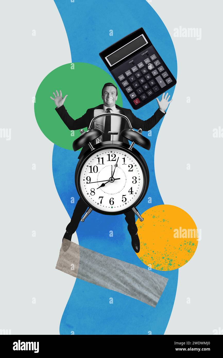 Creative poster collage of excited man jump clock time management ...