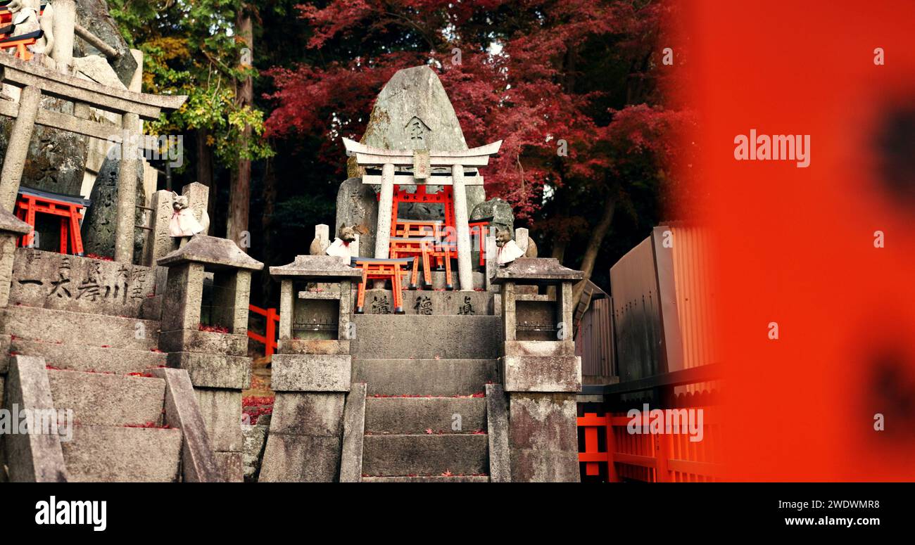 Stone Shinto shrine with Torii gate, statue and peace on travel with ...