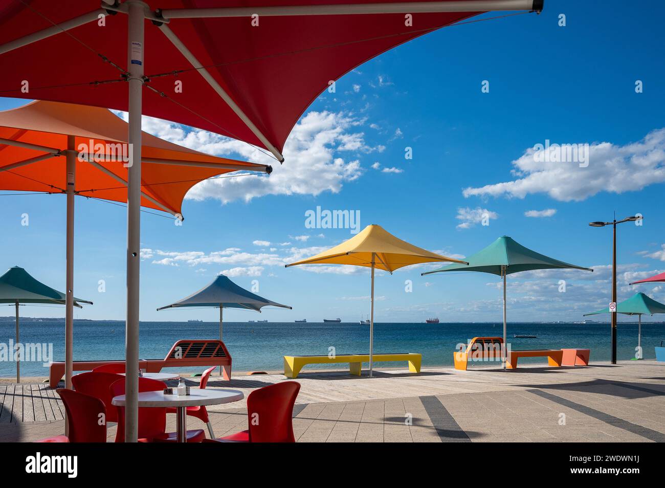 A view of ships waiting to enter Fremantle port from a cafe on ...