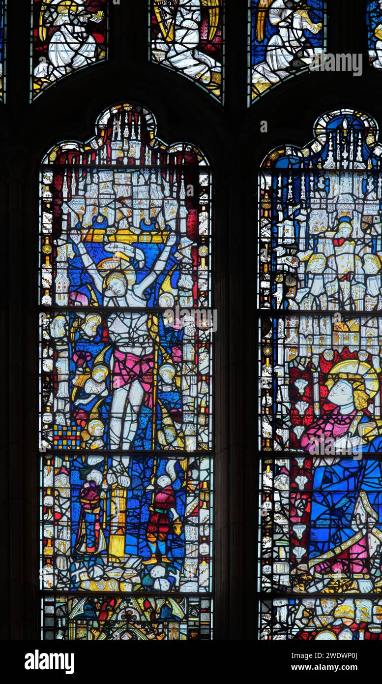 Medieval stained glass window, depicting the crucifixion of Jesus ...