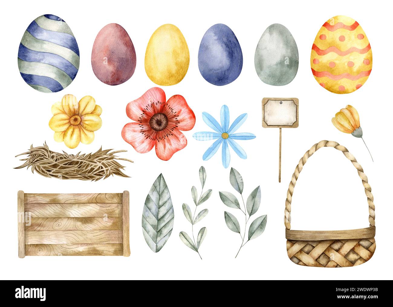 Hand-drawn watercolor illustration with easter box, basket, nest ...