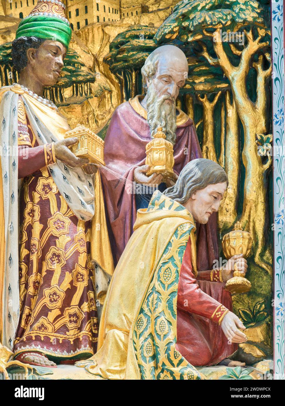 Bas-relief sculpture, of Magi at the birth of Jesus Christ, above the ...