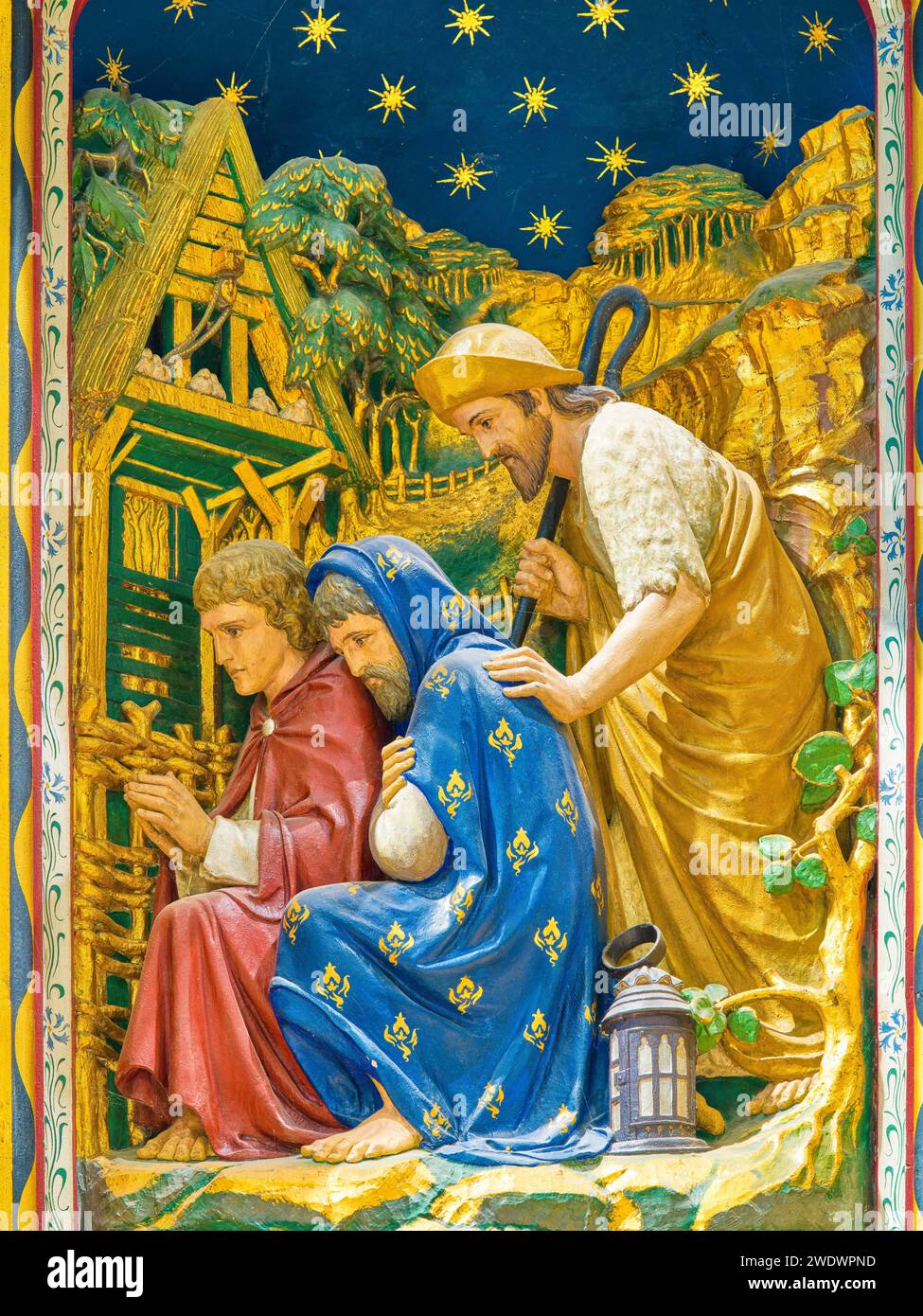 Bas-relief sculpture, of shepherds at the birth of Jesus Christ, above ...